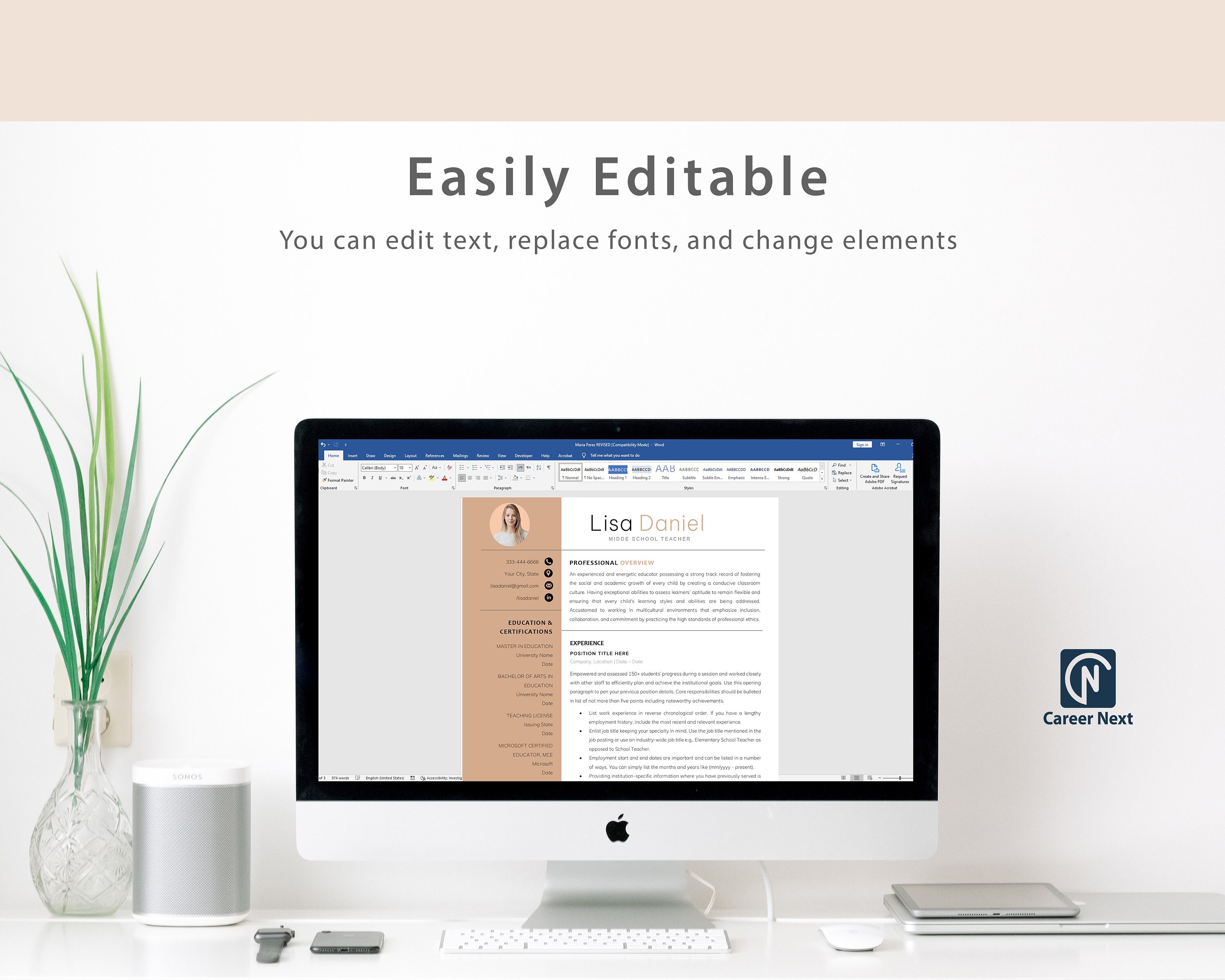 Creative Teacher Resume Template, Teacher Resume Template With Photo ...