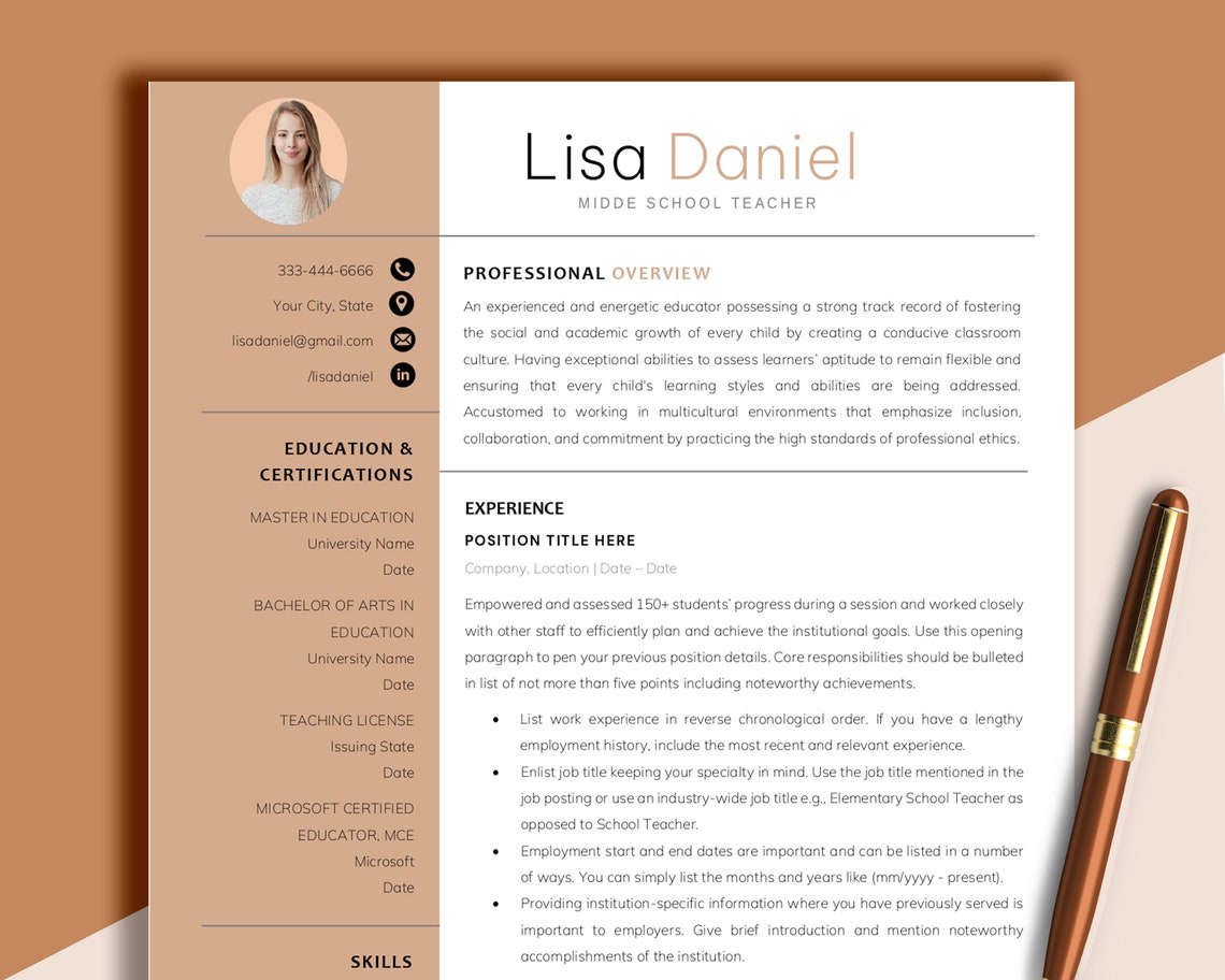 Creative Teacher Resume Template, Teacher Resume Template With Photo ...