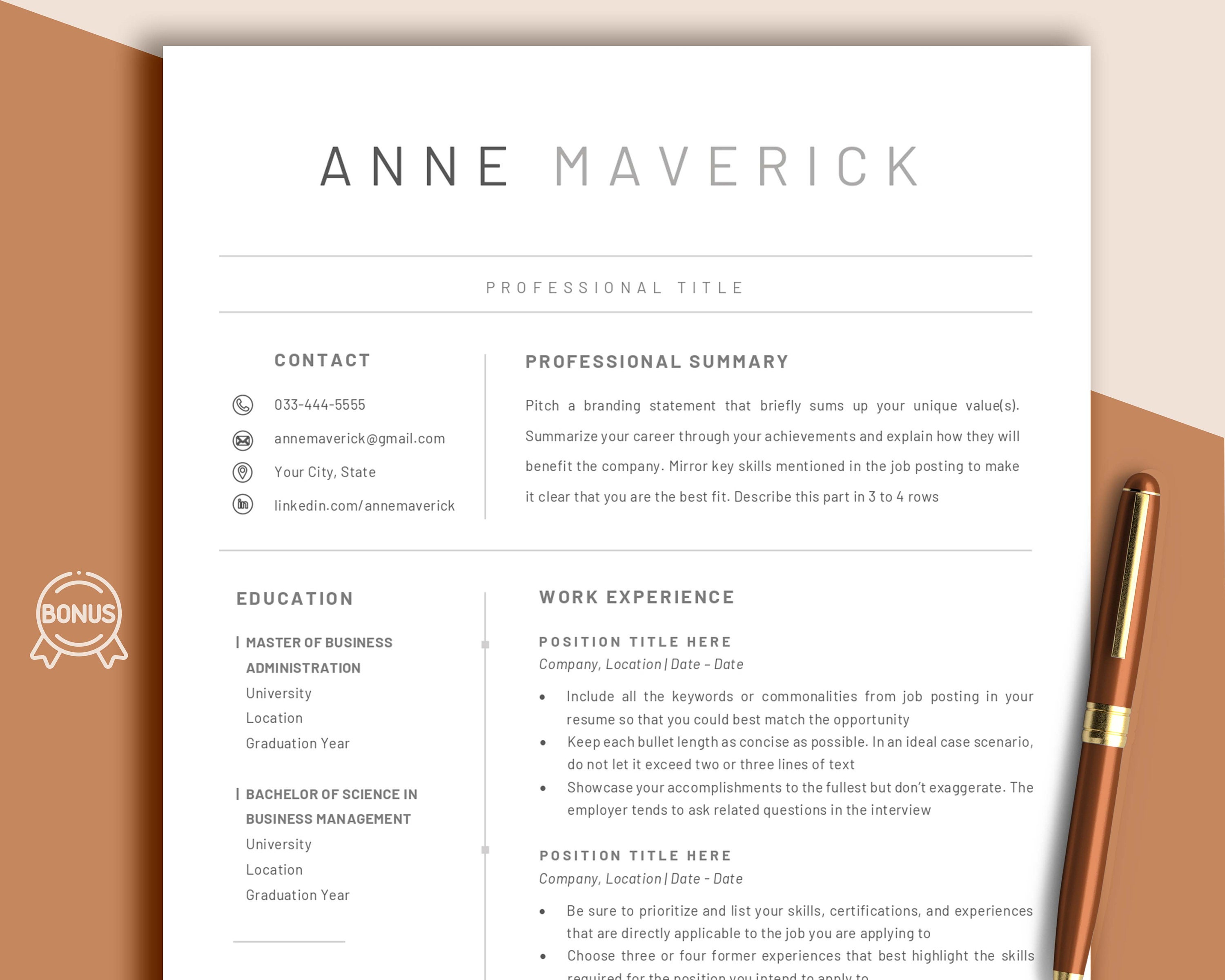 Minimalist Resume Template Word Modern Executive Resume Google Docs CV ...