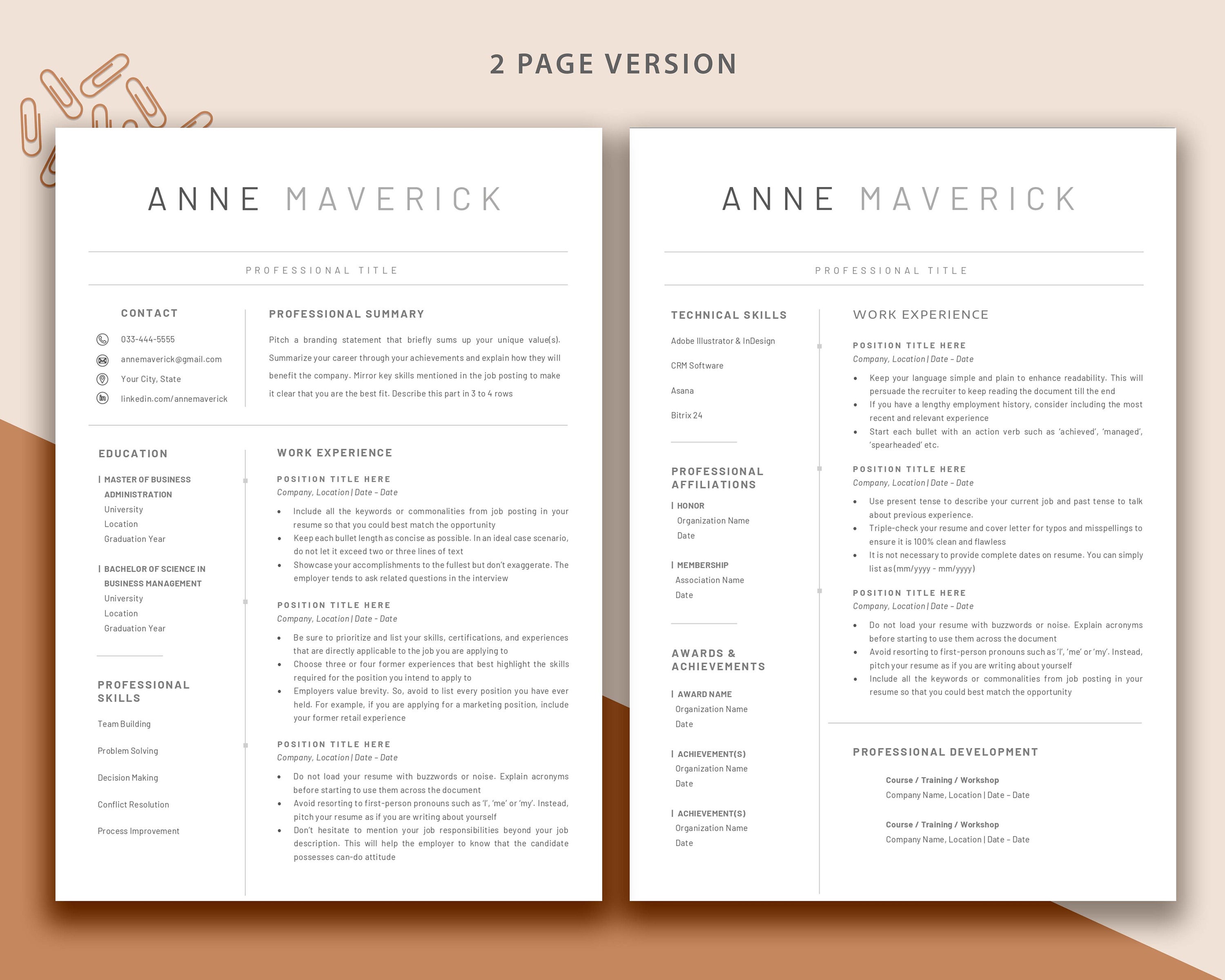 Minimalist Resume Template Word Modern Executive Resume Google Docs CV ...
