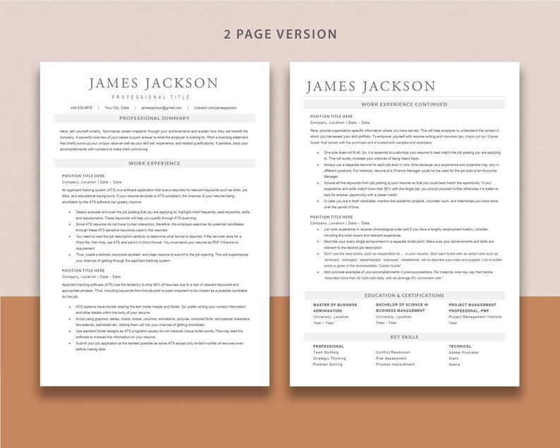 ATS Resume Template Word Pages & Google Docs Professional - Etsy