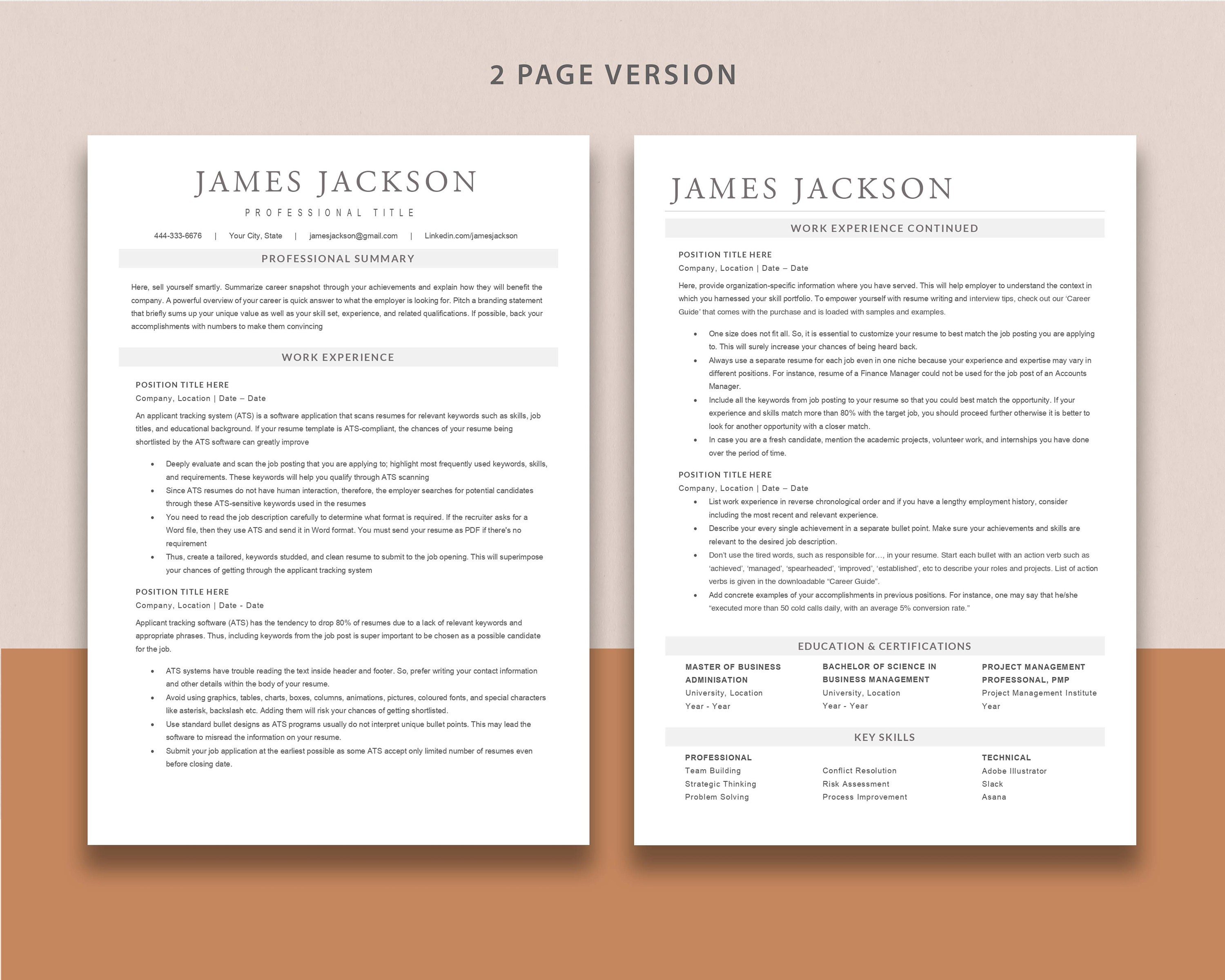 ATS Resume Template Word Pages & Google Docs Professional - Etsy UK