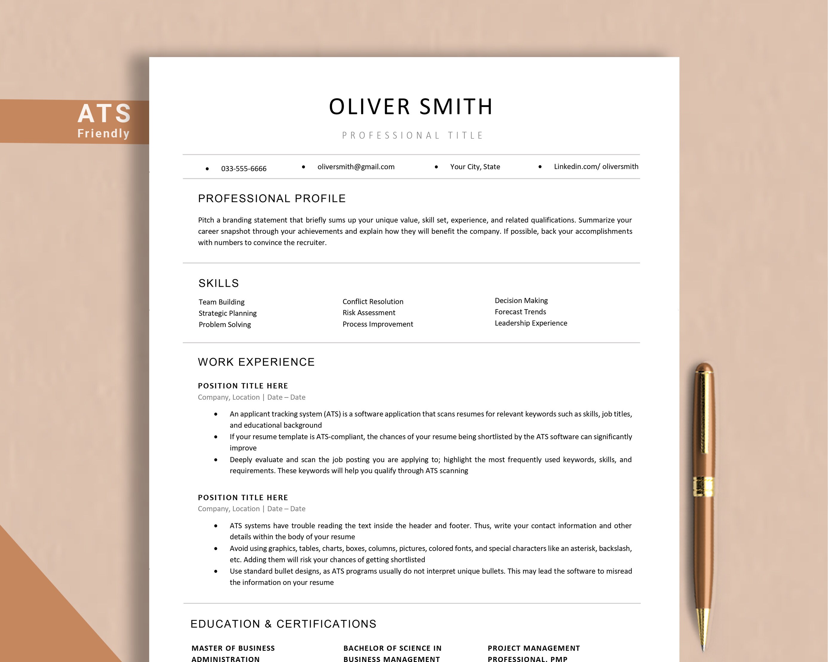 ATS Resume Template Word & Pages, Google Docs Resume Template, Ats ...