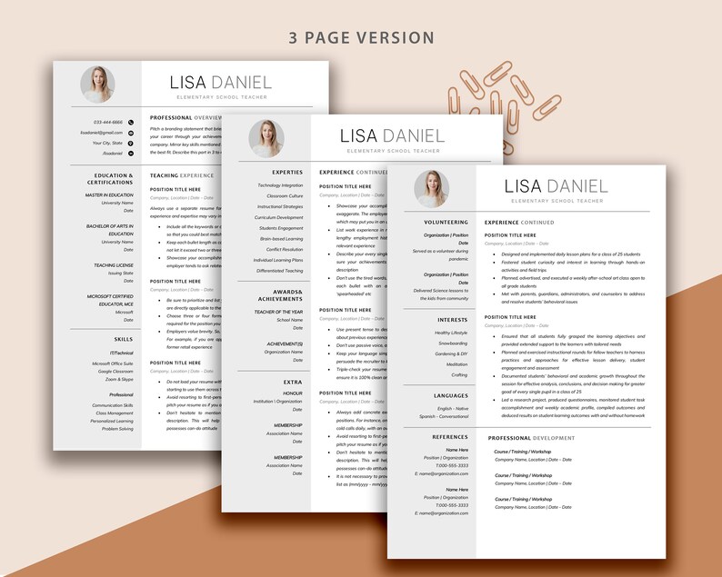 Professional Modern Resume Template Teacher Resume With Photo, Clean ...