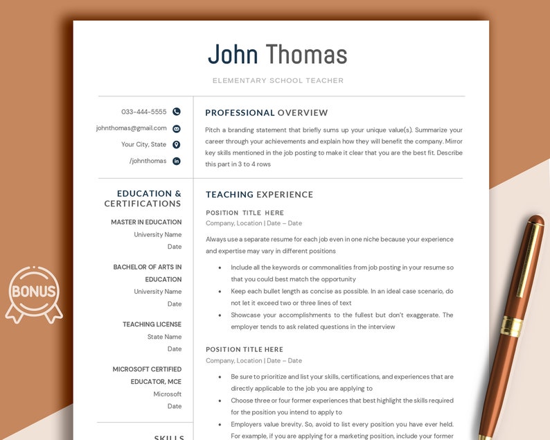 CV Template Professional Teacher Resume Template Google Docs - Etsy