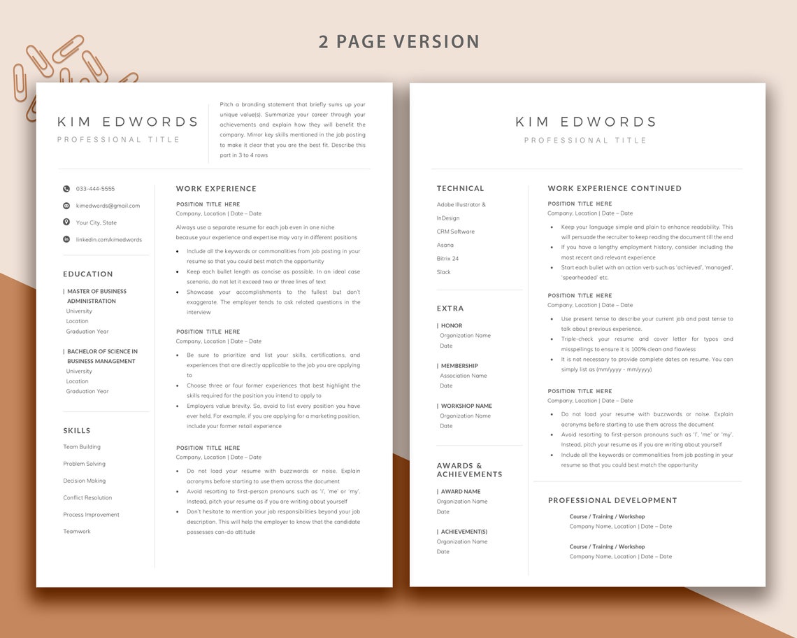 Executive Resume Template Word, Resume Pages & CV Google Docs, CV ...