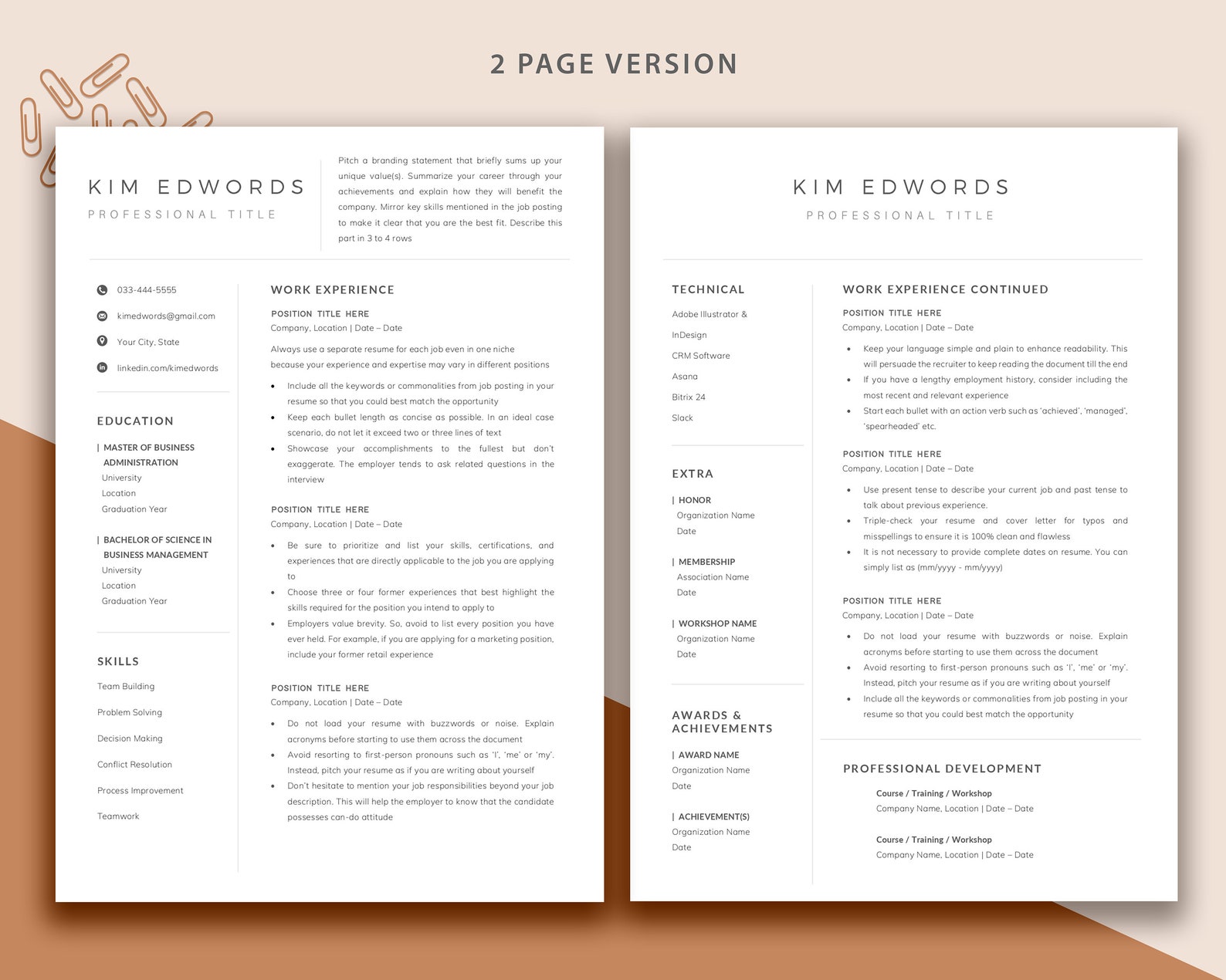 Executive Resume Template Word, Resume Pages & CV Google Docs, CV ...