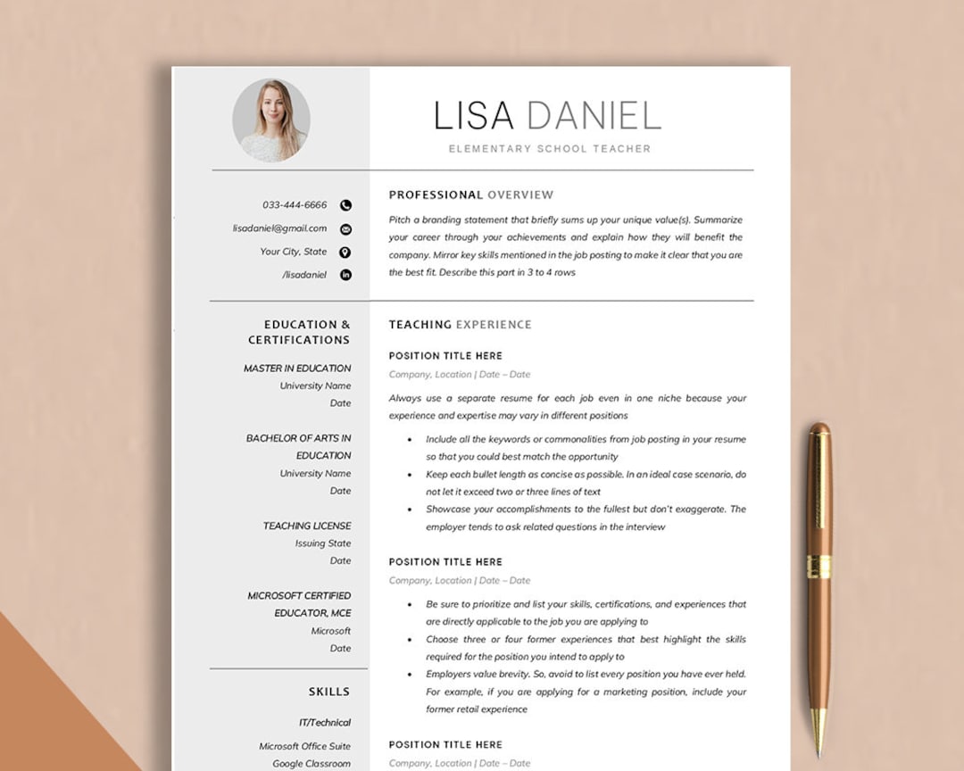 Creative Teacher Resume Template, Teacher Resume Template With Photo ...