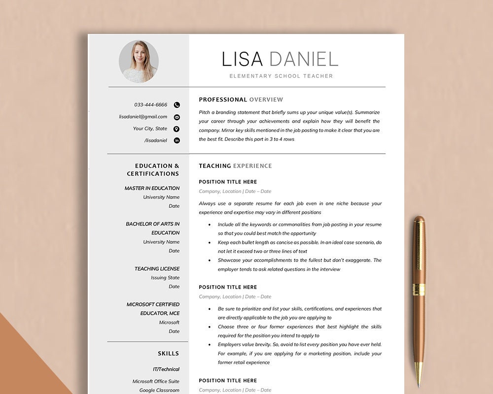 Creative Teacher Resume Template, Teacher Resume Template With Photo ...