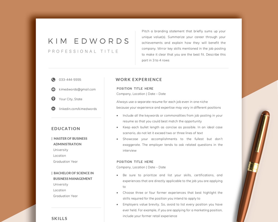 Executive Resume Template Word Resume Pages & CV Google Docs - Etsy