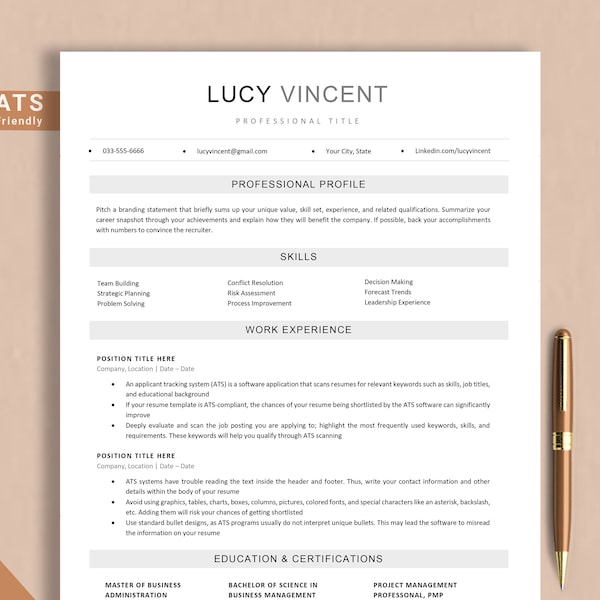 ATS Resume Template Word, Pages, Google Docs, Minimalist ATS CV ...