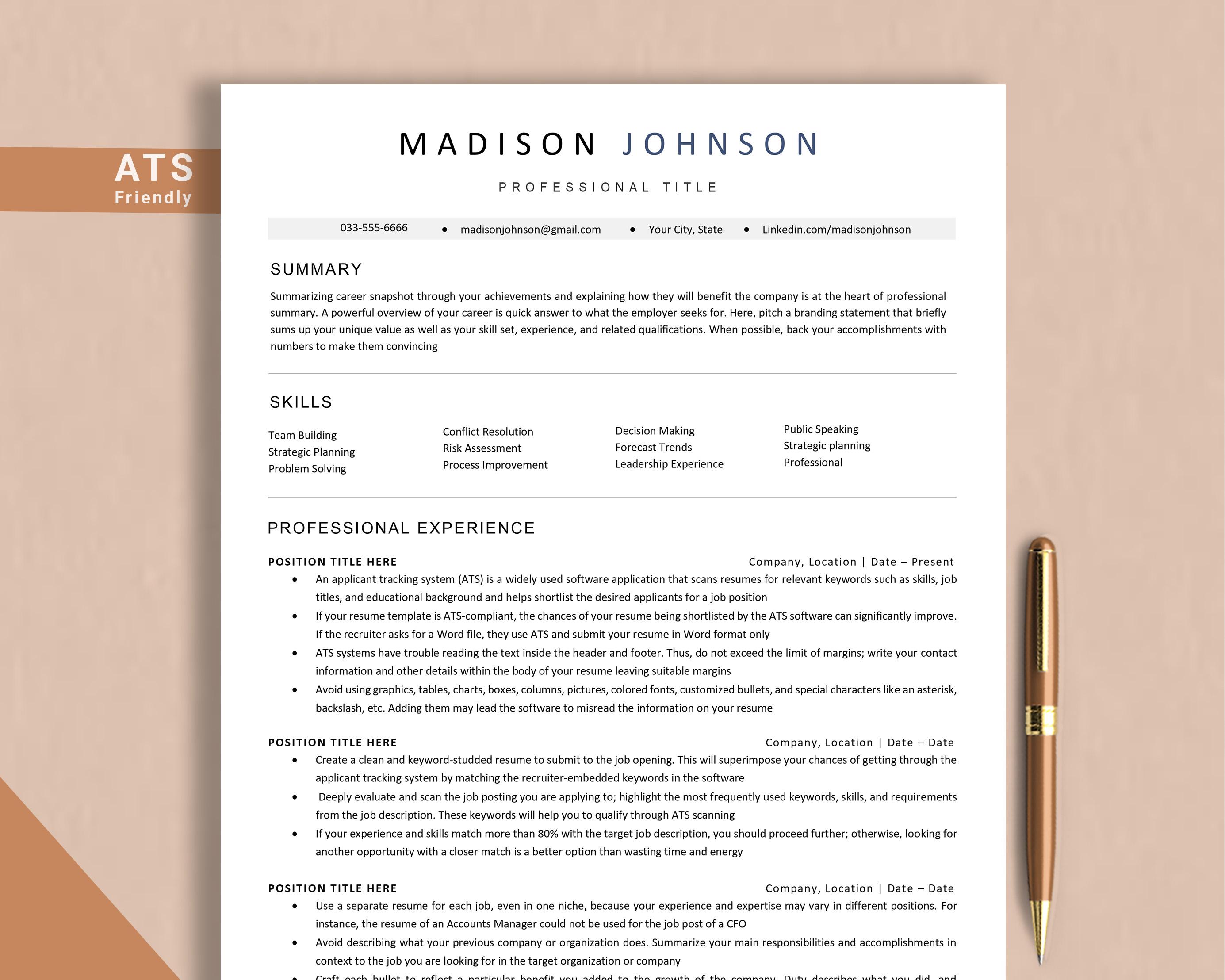 ATS Friendly Resume Template ATS Executive Resume Google Docs, Word ...