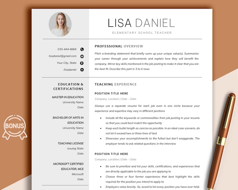 Professional Modern Resume Template Teacher Resume With Photo - Etsy