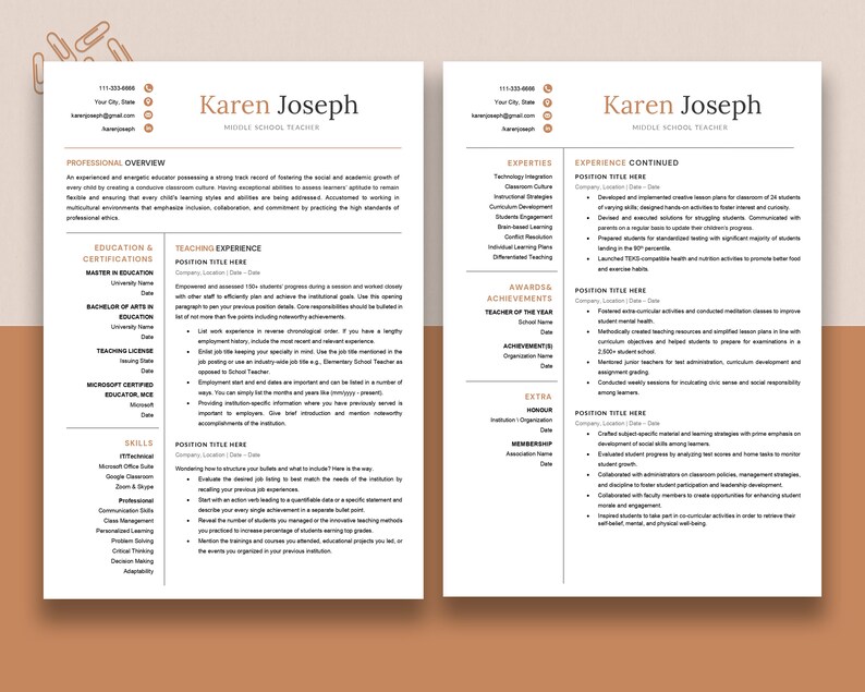 Teacher Resume Template Word Pages Google Docs Teaching - Etsy