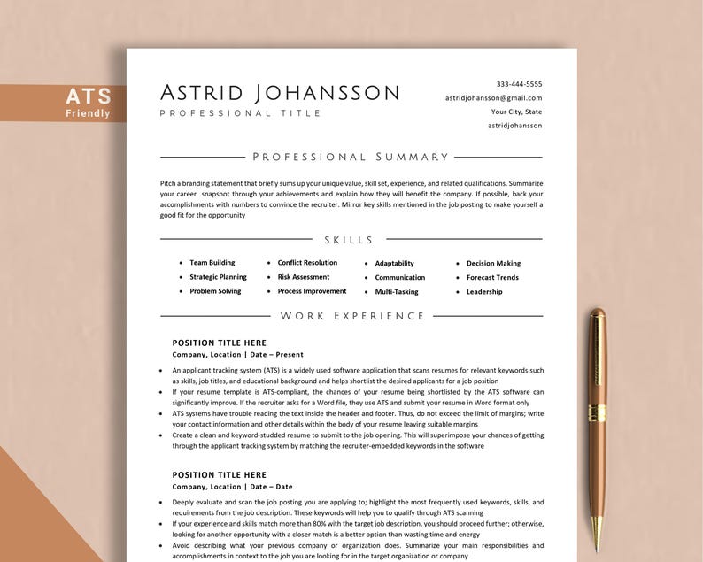 ATS Friendly Resume Template Word, Pages & Google Docs | Ats CV Resume ...