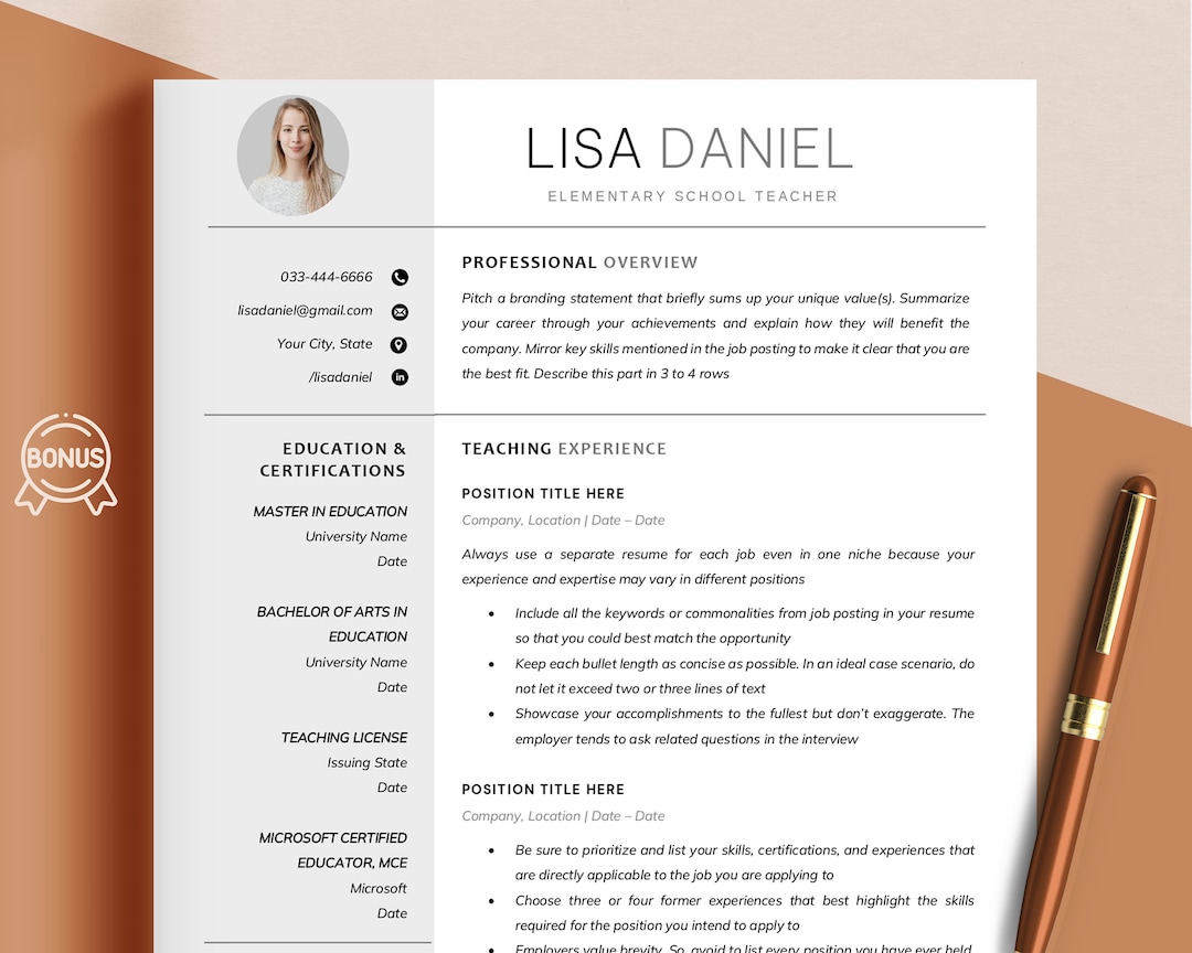 Professional Modern Resume Template Teacher Resume With Photo, Clean ...