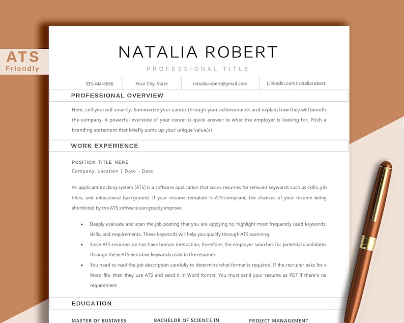 ATS Friendly Resume Template Word Pages Google Docs ATS - Etsy