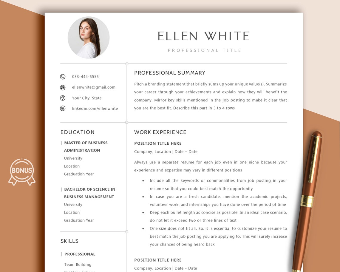 Resume Template With Photo, Professional Resume Template for Word ...