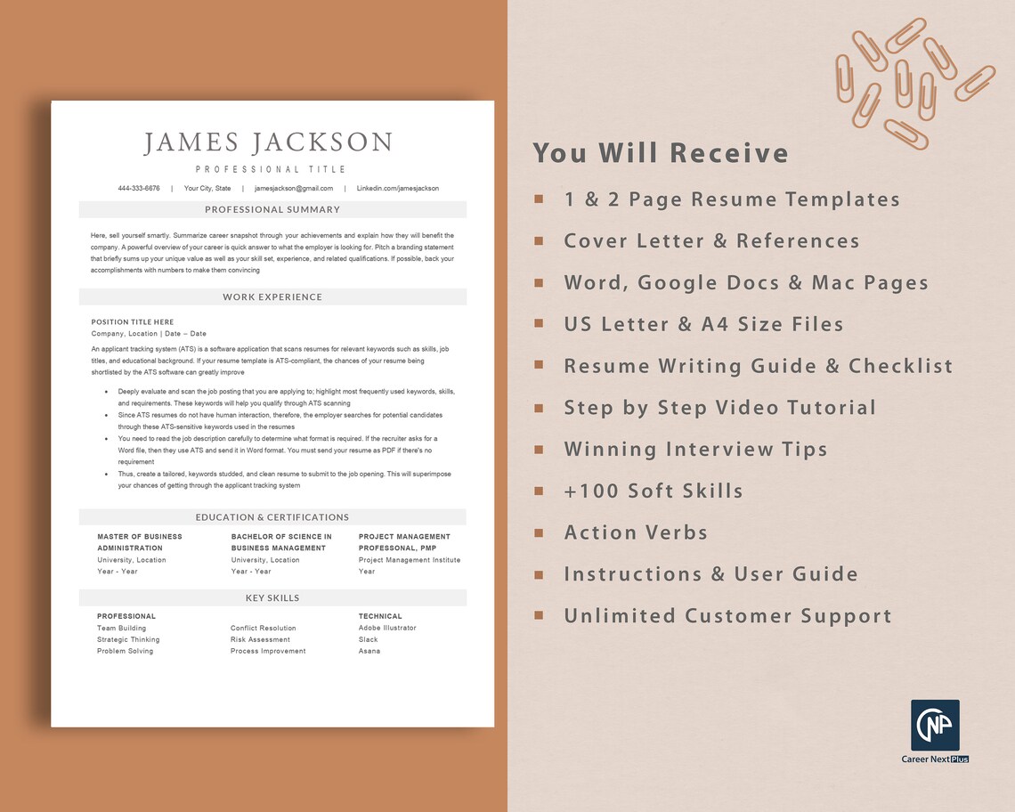 ATS Resume Template Word Pages & Google Docs Professional - Etsy