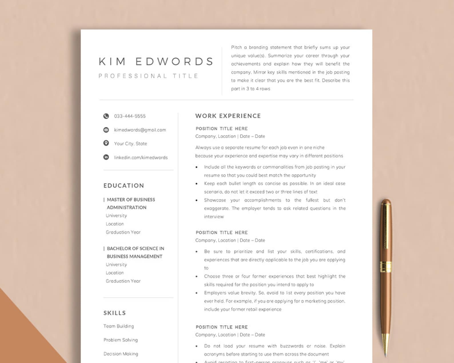 Executive Resume Template Word, Resume Pages & CV Google Docs, CV ...