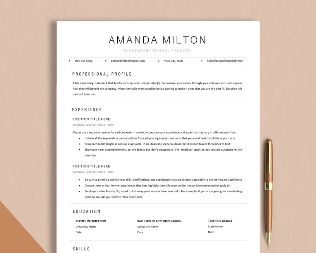 ATS Friendly Teacher Resume Template Word, Pages, Google Docs ...