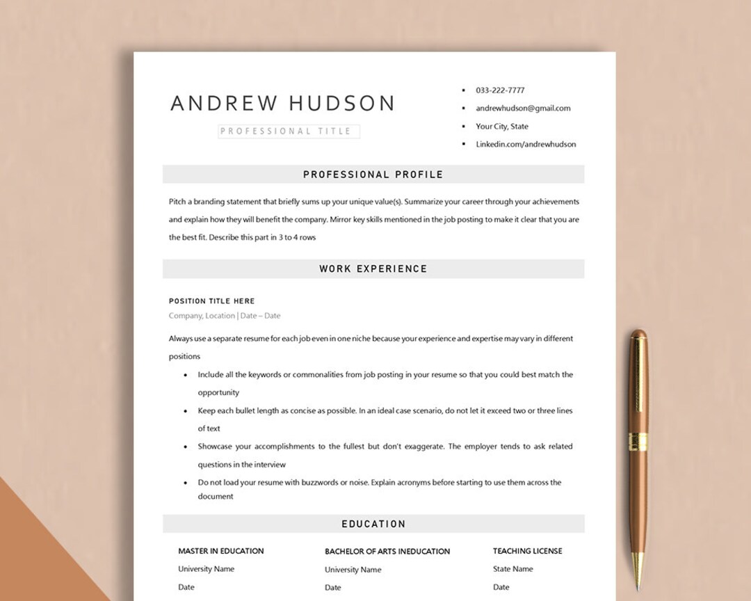 ATS Resume Template Teacher Google Docs, Word & Pages, Clean CV ...