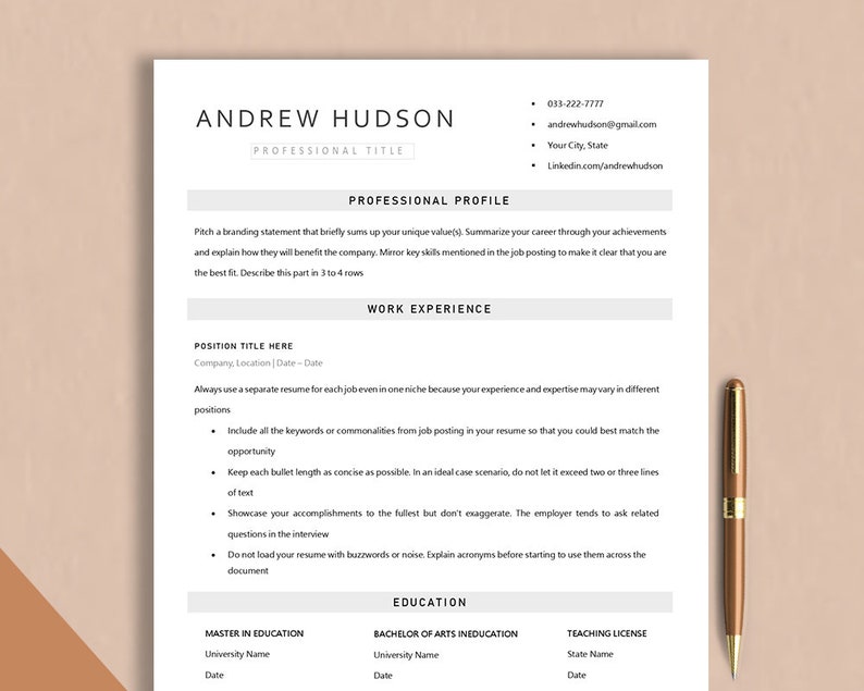ATS Resume Template Teacher Google Docs, Word & Pages, Clean CV ...