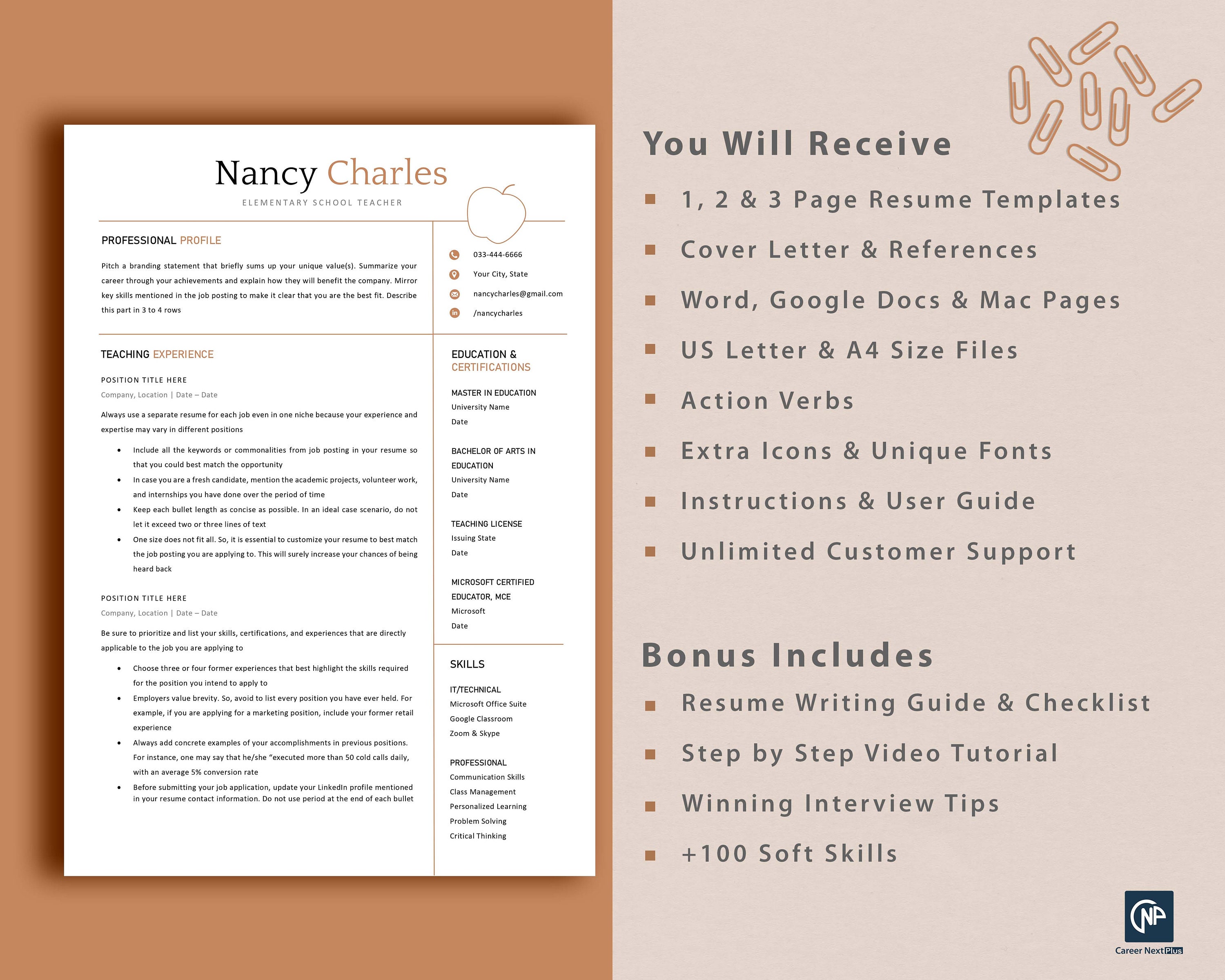 Modern Teacher Resume Template, Teacher Resume Template With Cover ...