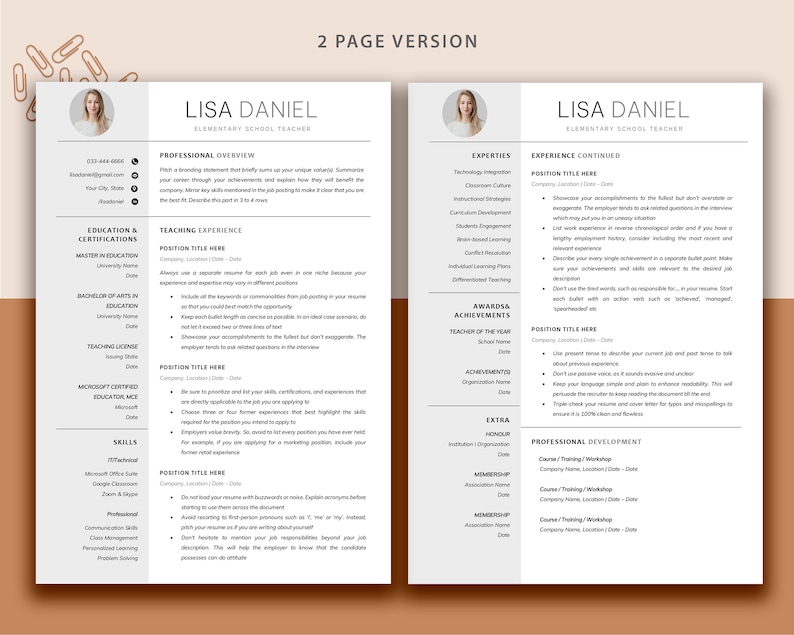 Professional Modern Resume Template Teacher Resume With Photo - Etsy