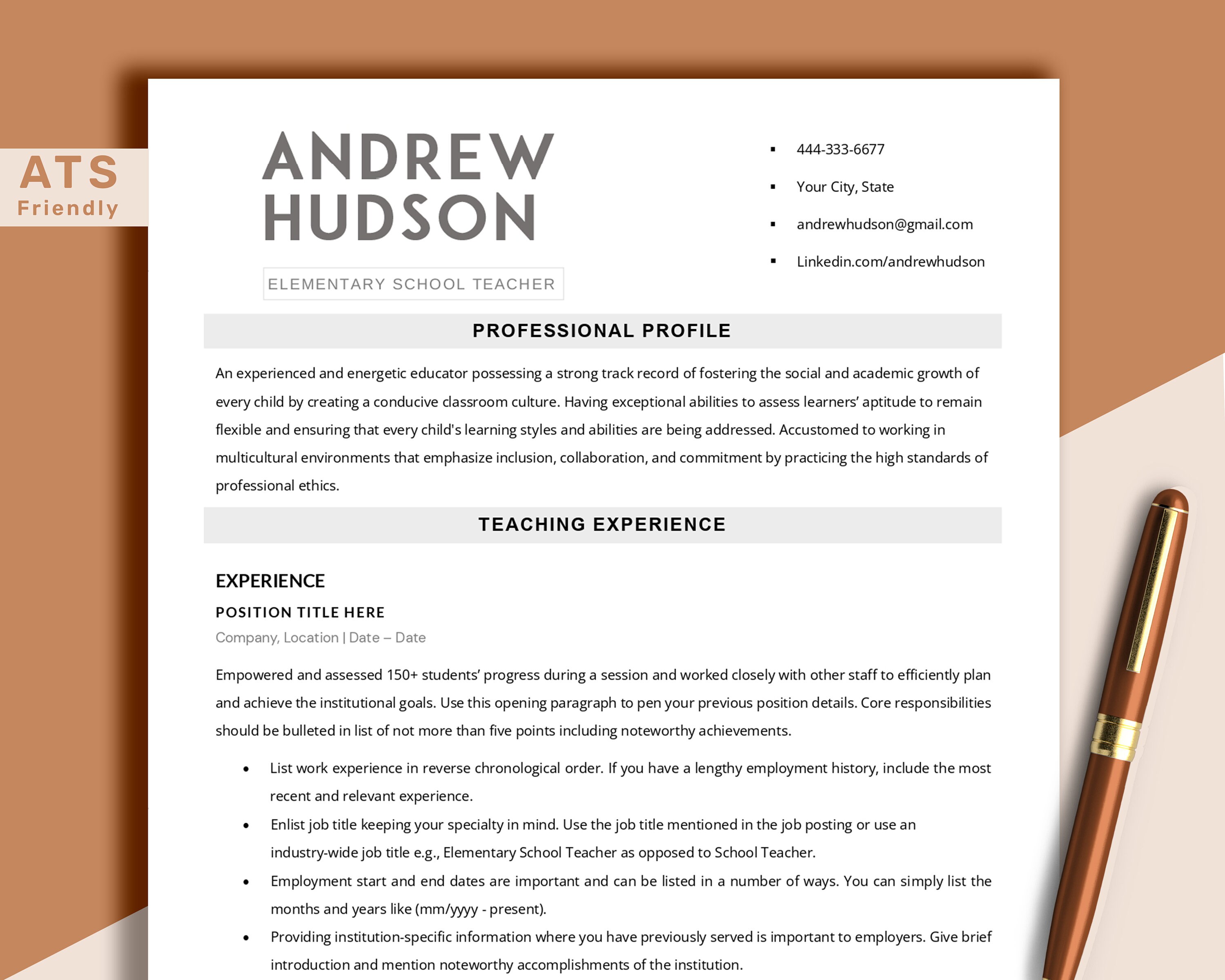 ATS Resume Template Teacher Google Docs Word & Pages Clean - Etsy