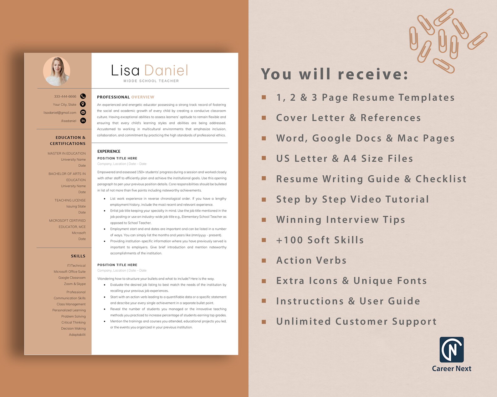 Creative Teacher Resume Template, Teacher Resume Template With Photo ...