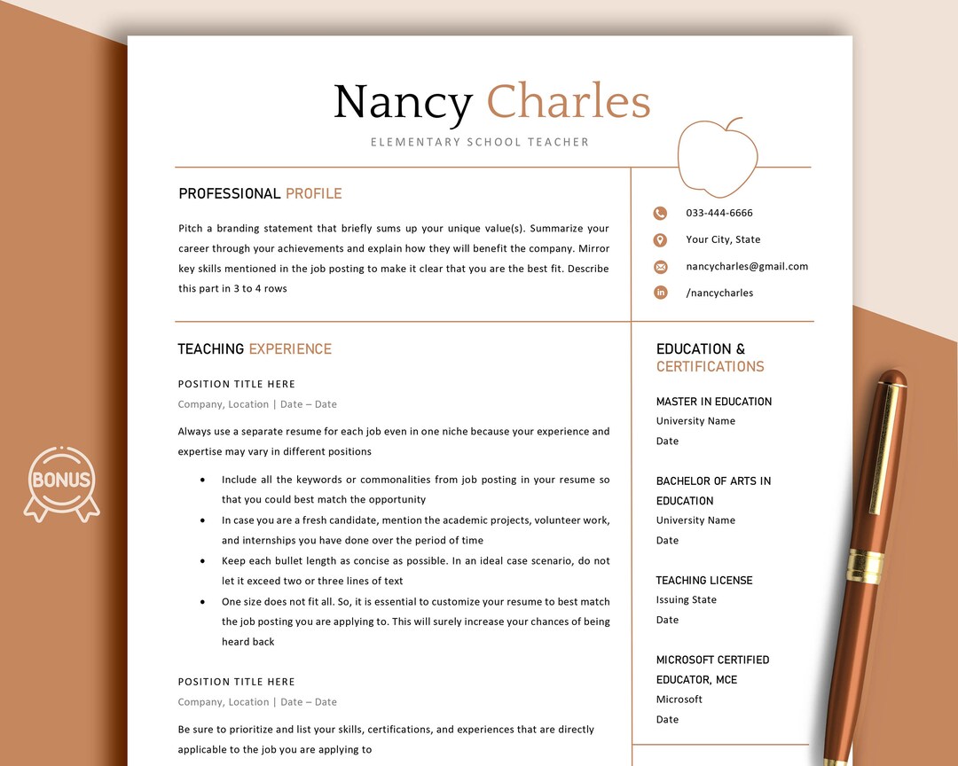 Modern Teacher Resume Template, Teacher Resume Template With Cover ...