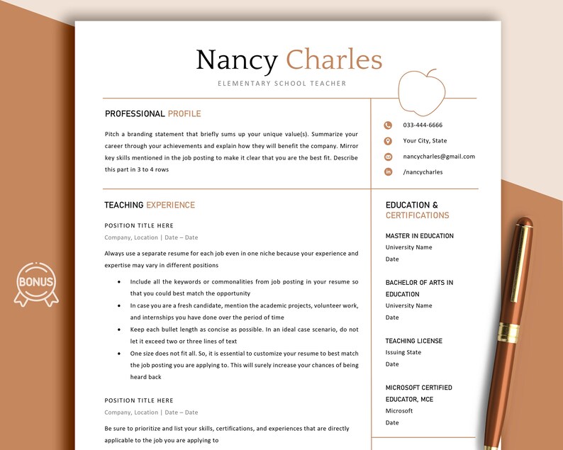 Modern Teacher Resume Template, Teacher Resume Template With Cover ...
