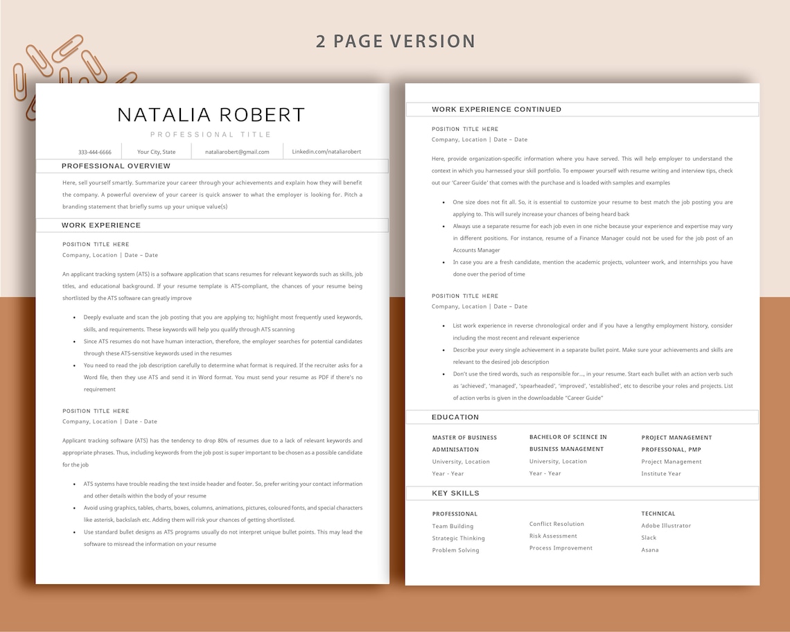 ATS Friendly Resume Template Word Pages Google Docs ATS - Etsy