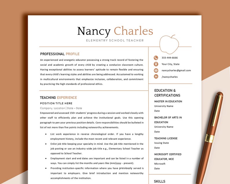 Modern Teacher Resume Template Teacher Resume Template With - Etsy
