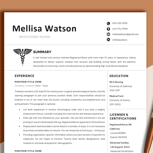 Nursing Resume Template for Word RN Registered Nurse Resume - Etsy