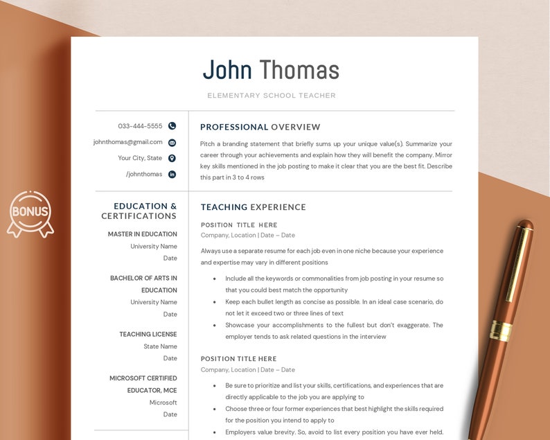 CV Template Professional Teacher Resume Template Google Docs, Pages ...