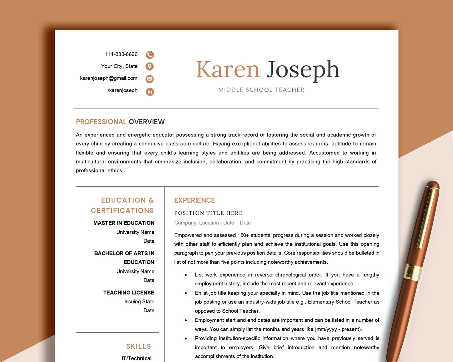 Teacher Resume Template Word Pages Google Docs Teaching - Etsy