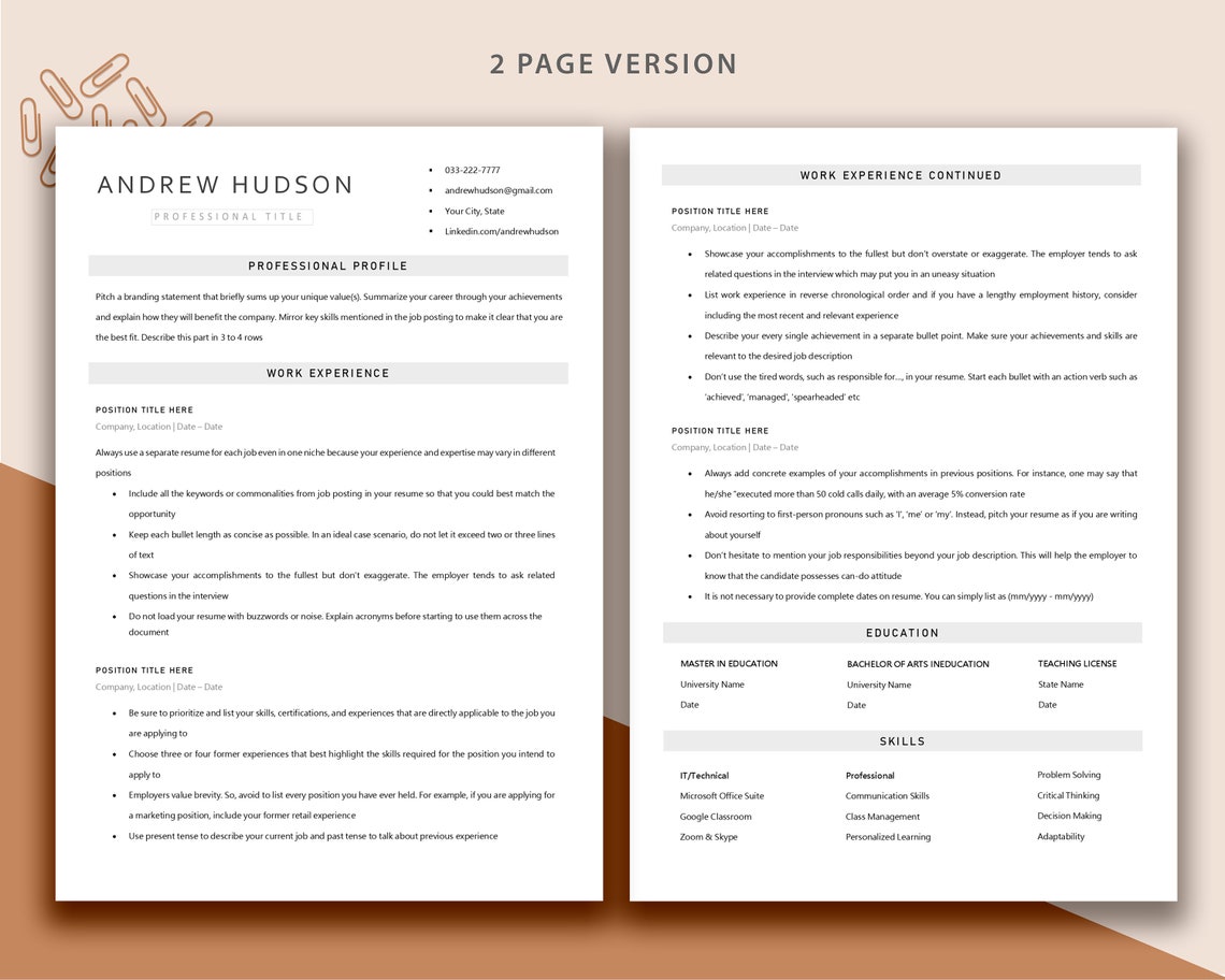 ATS Resume Template Teacher Google Docs, Word & Pages, Clean CV ...