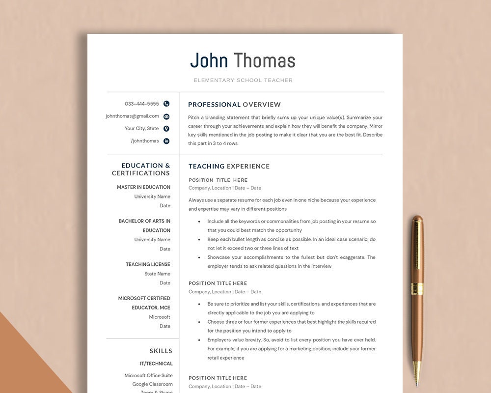 CV Template Professional Teacher Resume Template Google Docs, Pages ...