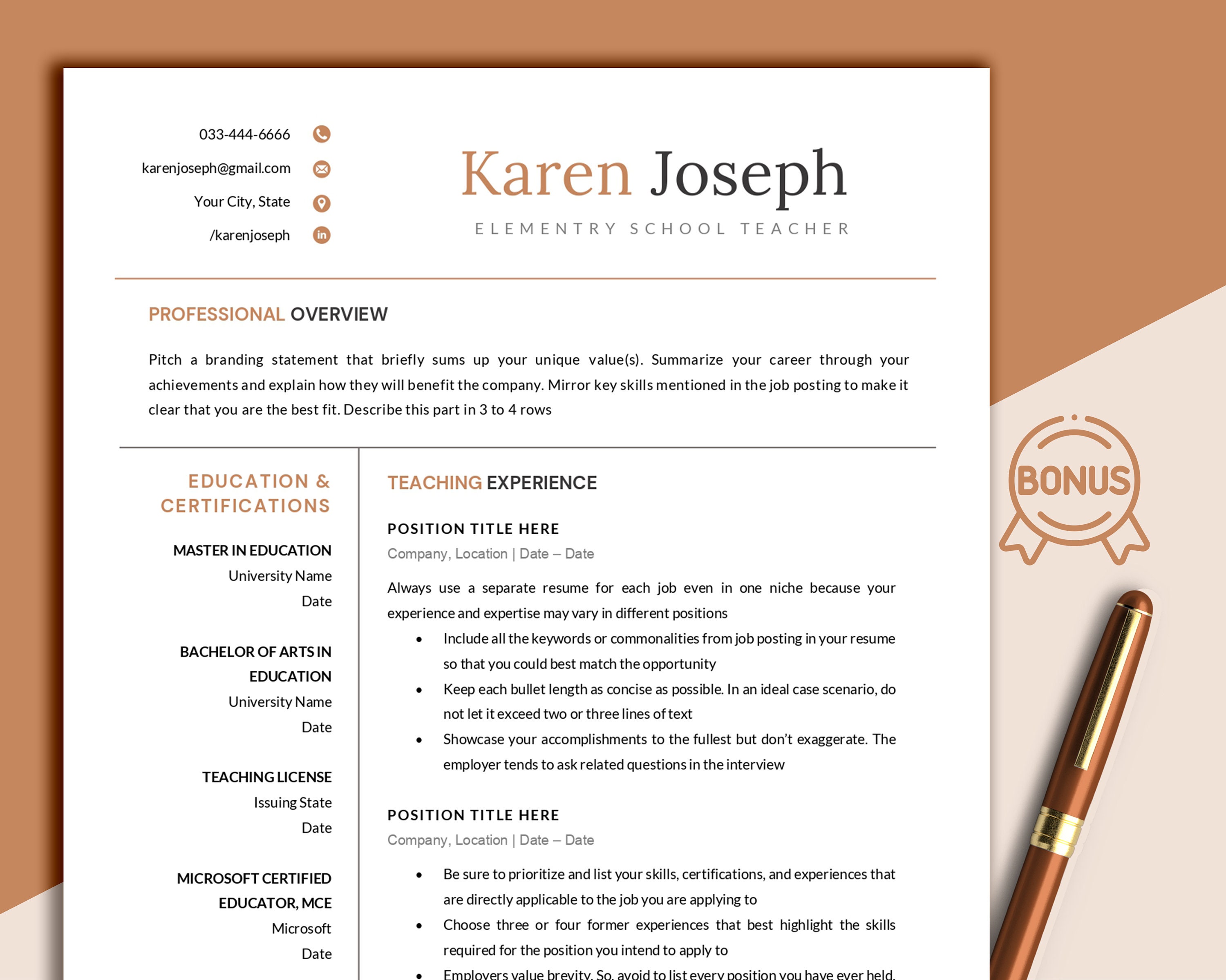 Teacher Resume Template Word Pages Google Docs Teaching - Etsy