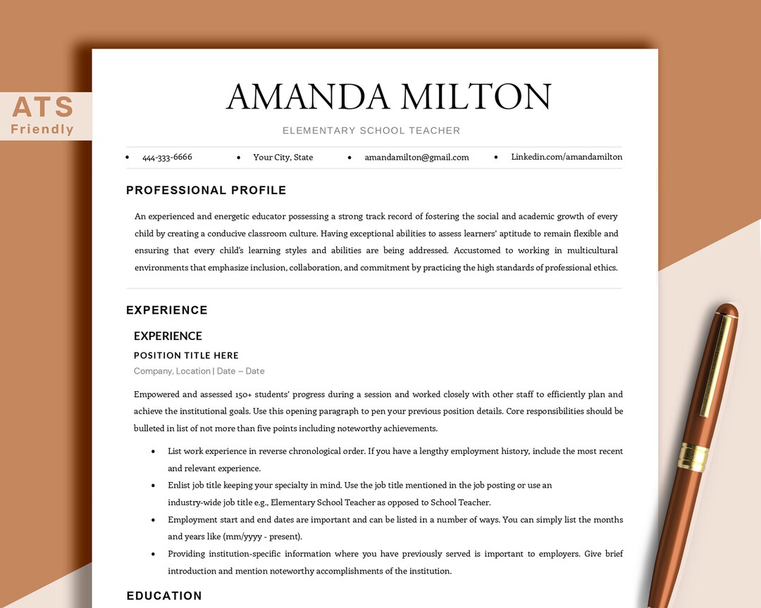 ATS Friendly Teacher Resume Template Word Pages Google Docs - Etsy