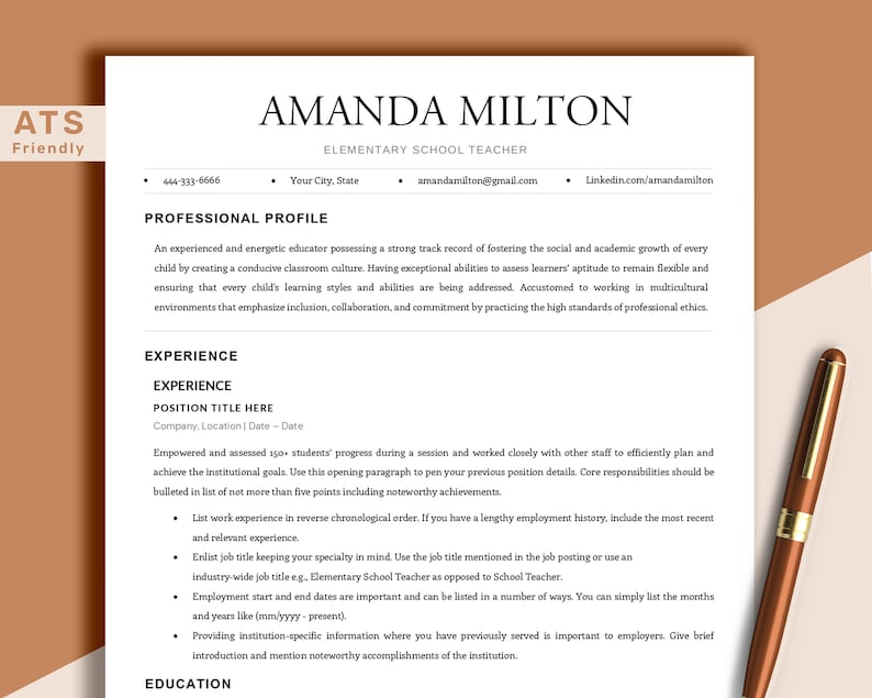 ATS Friendly Teacher Resume Template Word Pages Google Docs - Etsy