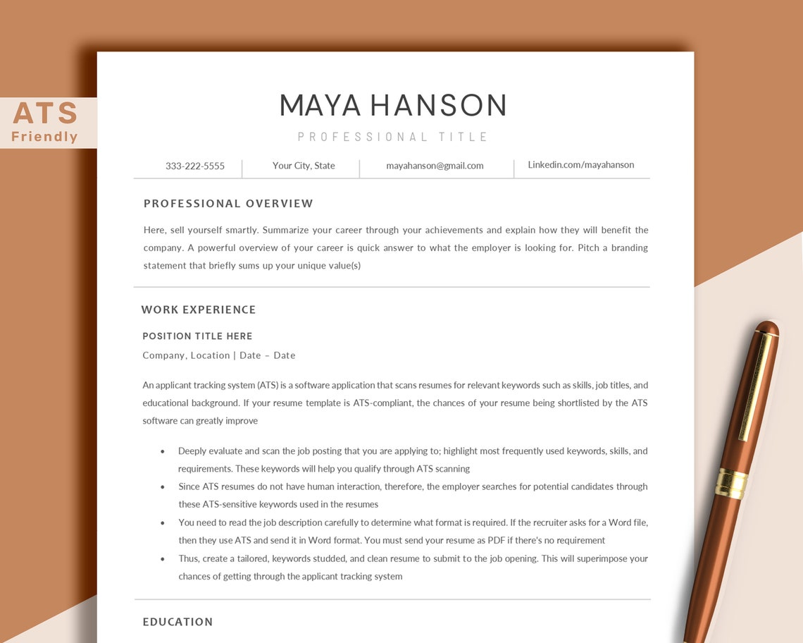 ATS Resume Template Word Pages Google Docs Minimalist ATS - Etsy