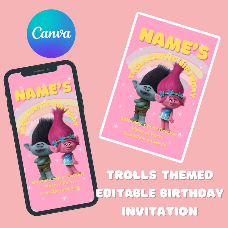 Trolls Themed Editable Birthday Party Invitation / Canva Template ...