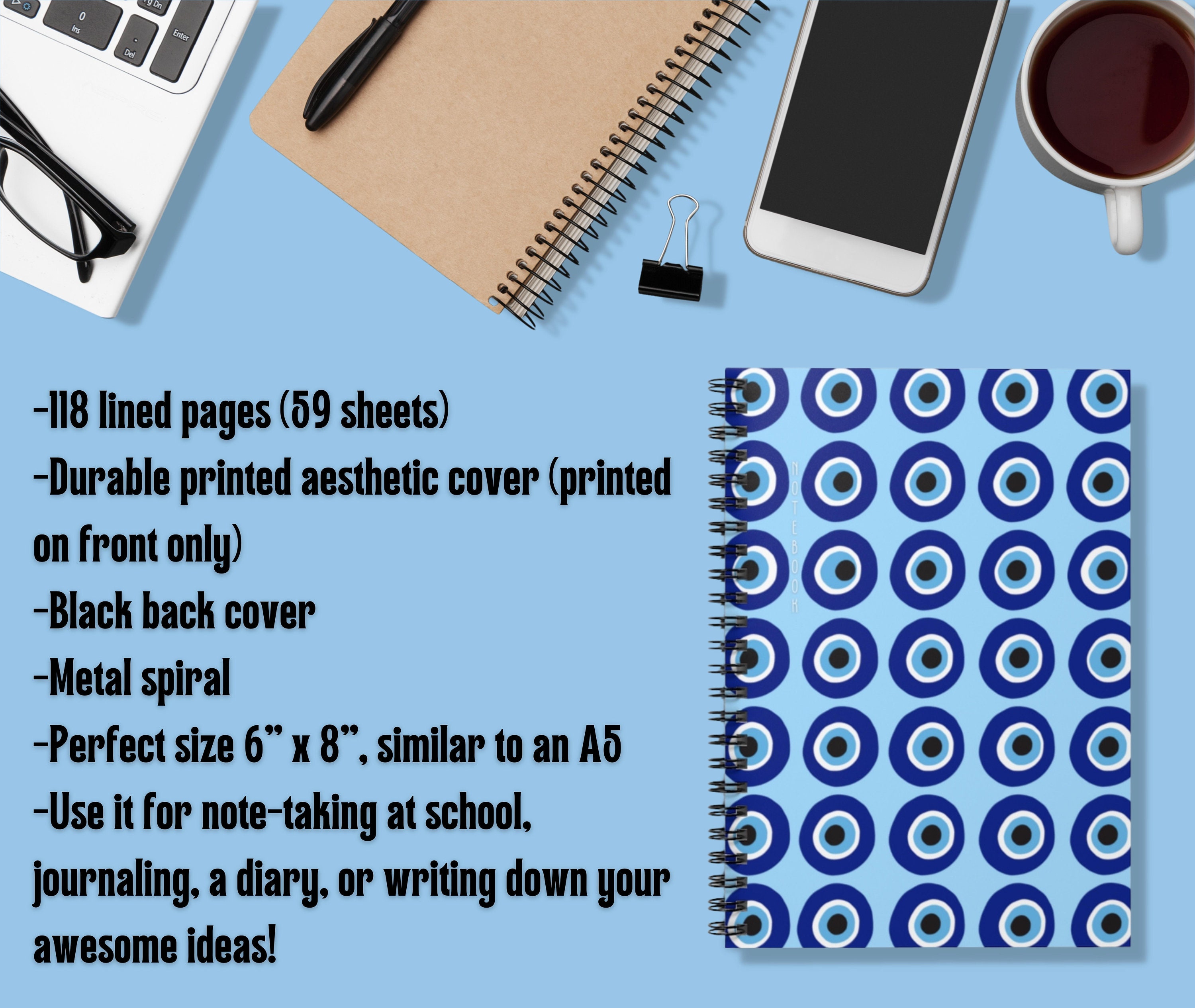 Preppy Notebook, Aesthetic Notebook for School, Evil Eye Notebook ...