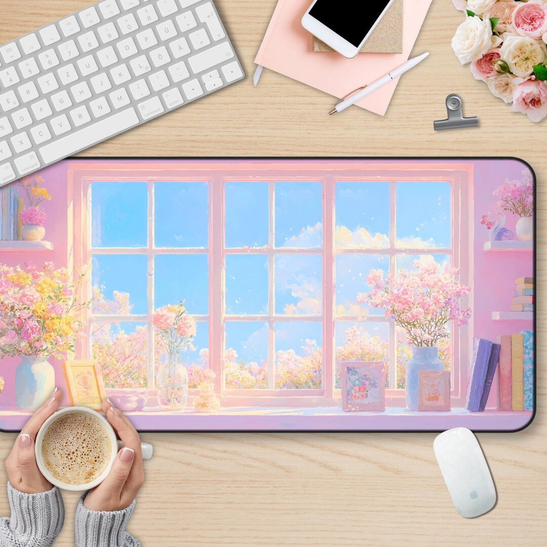 Aesthetic Desk Mat, Pink Pastel Floral Desk Mat, Cute Desk Pad for ...