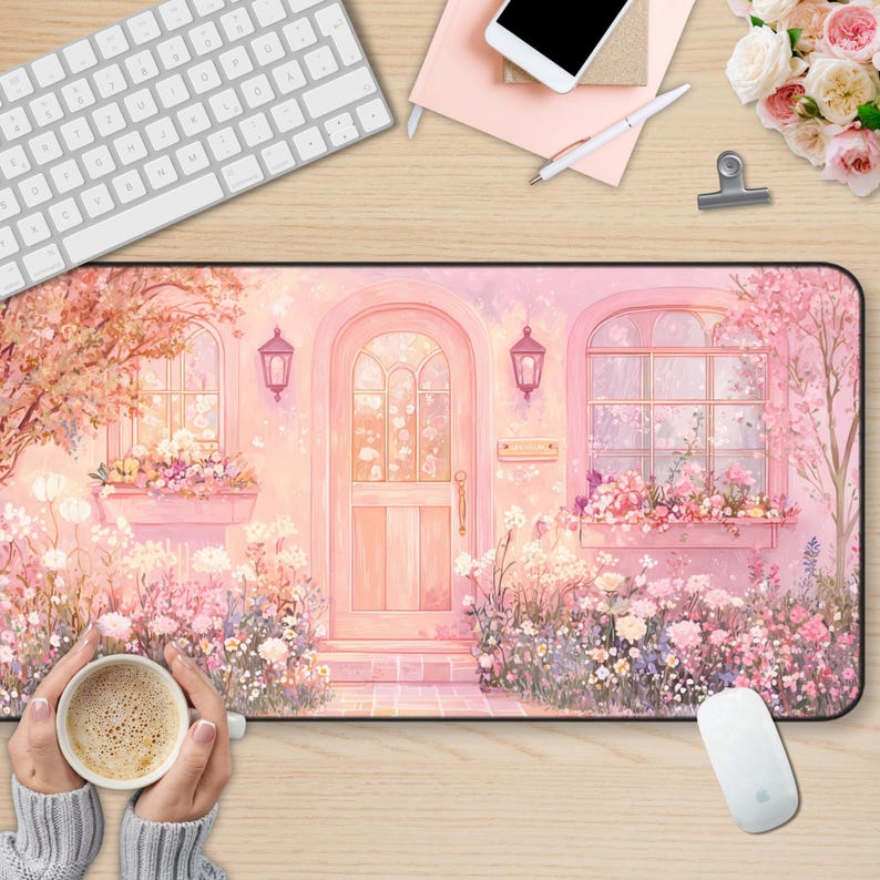 Desk Mat Aesthetic, Pink Pastel Floral Desk Mat, Cute Desk Pad for ...