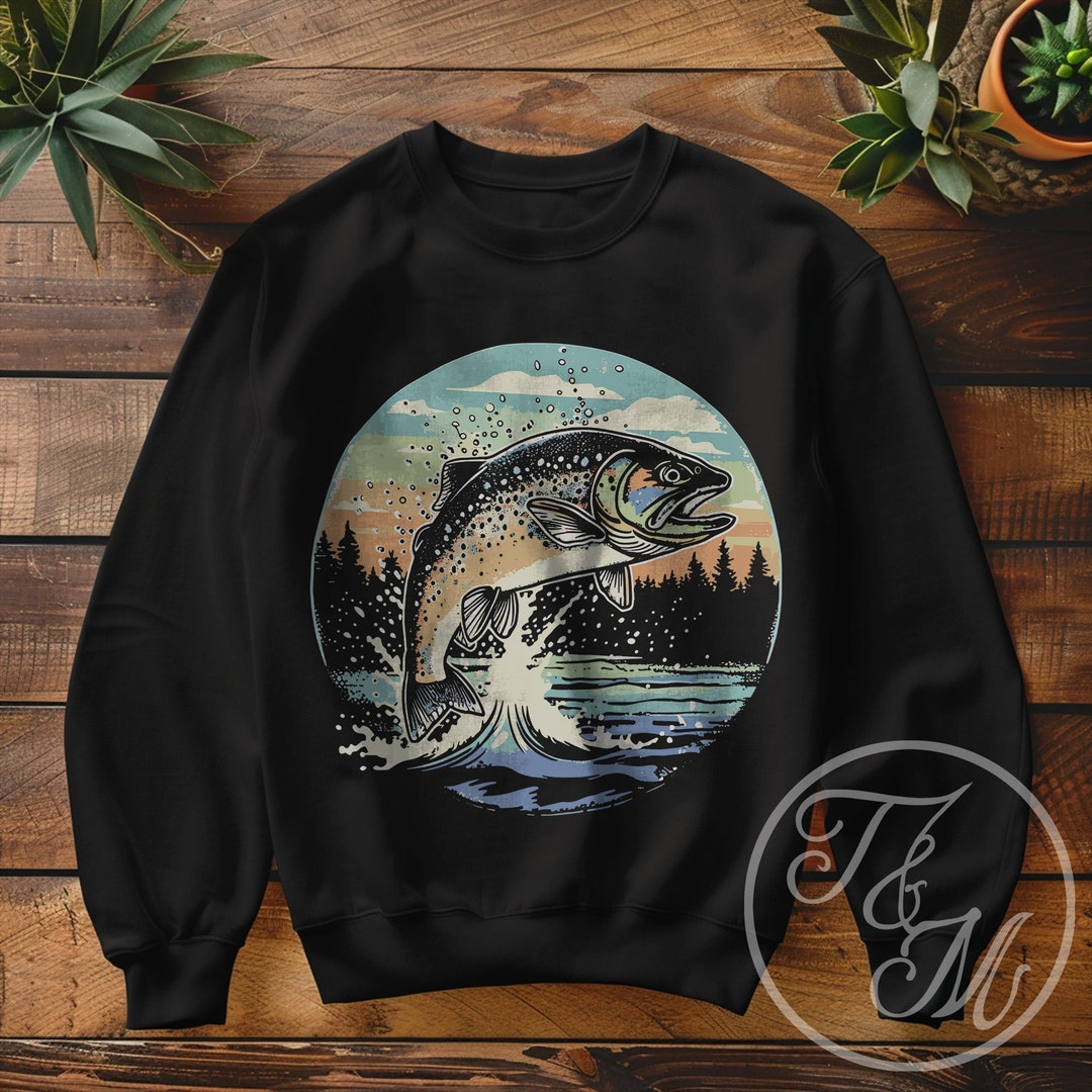 Trout Fishing Graphic Design on Black Heavy Blend Crewneck Sweatshirt ...