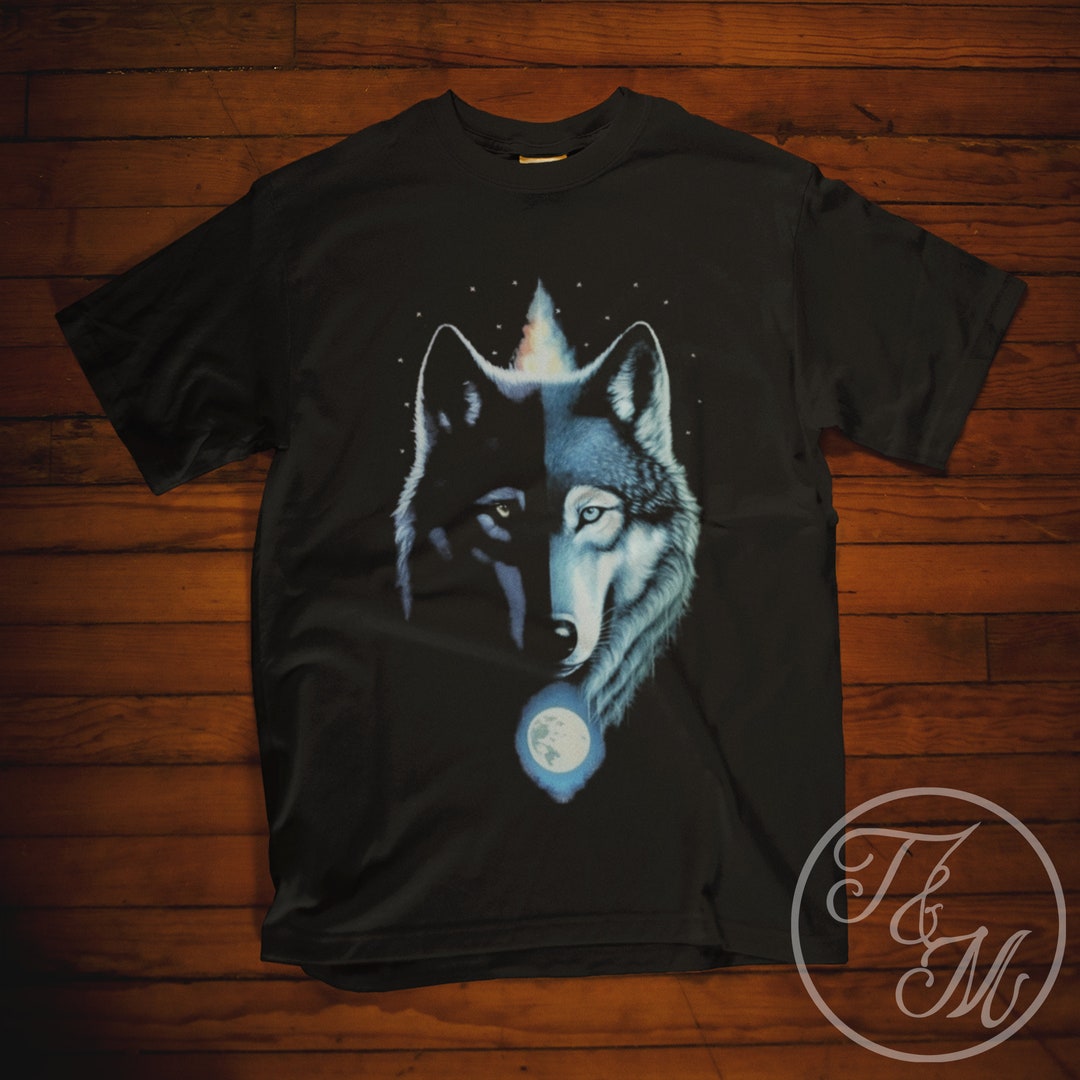 Vintage Style Yin Yang Duality Wolf Graphic Design on Unisex Classic ...
